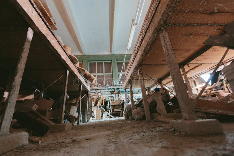 Factory for Production of Plaster Molds. Cluttered Dusty Old Warehouse ...