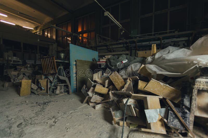 Factory for Production of Plaster Molds. Cluttered Dusty Old Warehouse ...