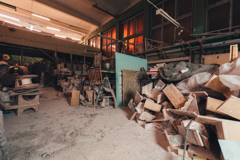 Factory for Production of Plaster Molds. Cluttered Dusty Old Warehouse ...