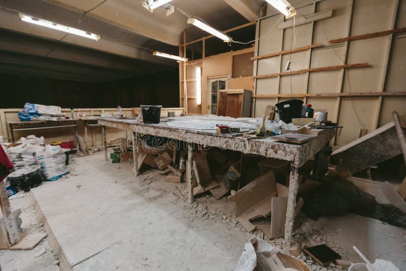 Factory for Production of Plaster Molds. Cluttered Dusty Old Warehouse ...