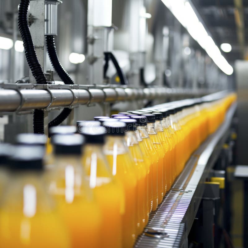 Factory. Robotic Factory Line for Processing and Bottling of Juice ...