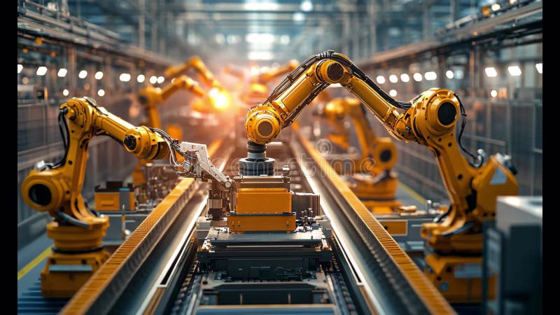 Factory with Robots Working on a Conveyor Belt. the Robots are Yellow ...