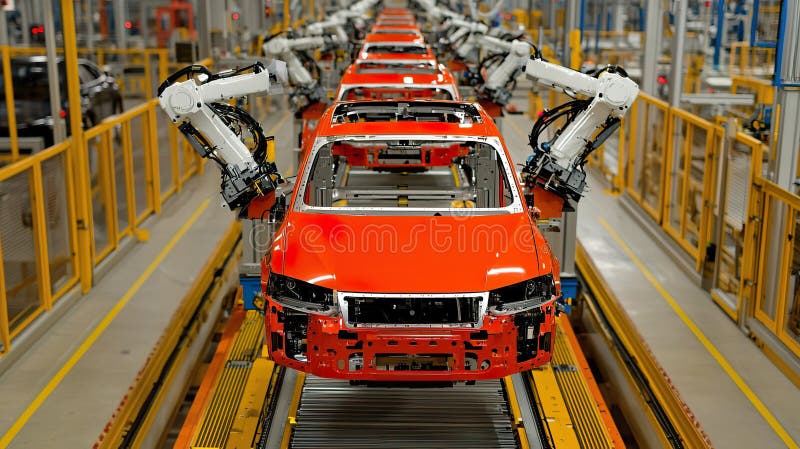 Factory Robots Working in Unison, Assembling Complex Car Parts with ...