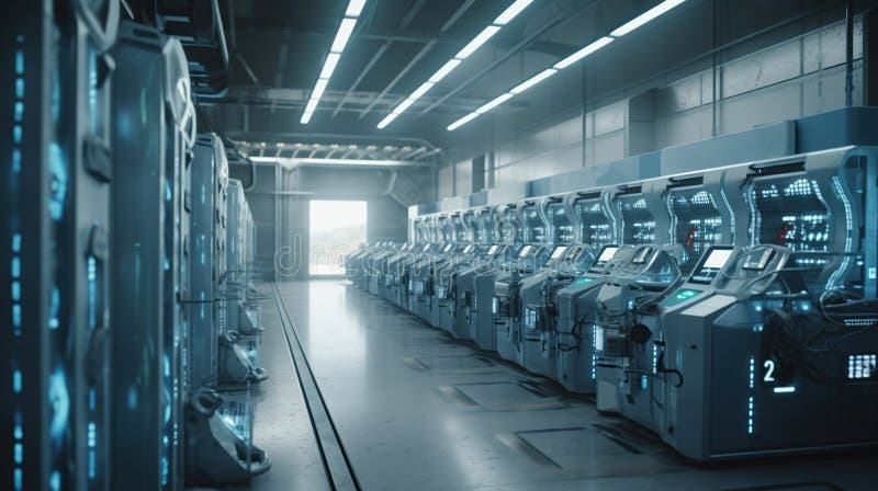 Factory with Rows of Machines, All Operated by Autonomous Robots, AI ...