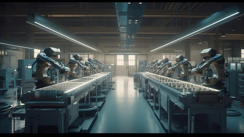 Factory with Rows of Machines, All Operated by Autonomous Robots, AI ...