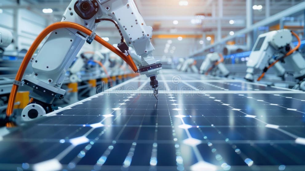 A Factory Scene with Robotic Arms Assembling Large Solar Panels ...