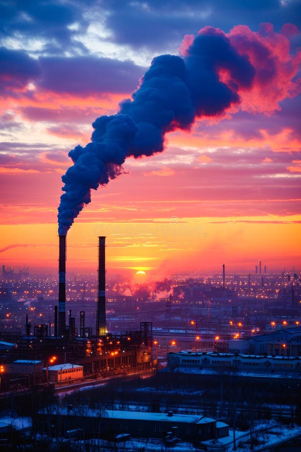 Factory with Smoke Coming Out of it at Sunset. Generative AI Stock ...