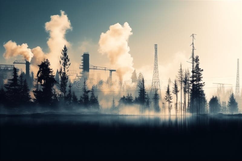 Factory Smoke Covering Pine Forest, Double Exposure. AI Generated Stock ...