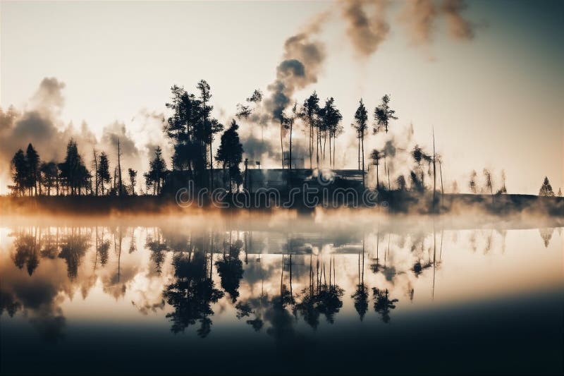 Factory Smoke Covering Pine Forest, Double Exposure. AI Generated Stock ...