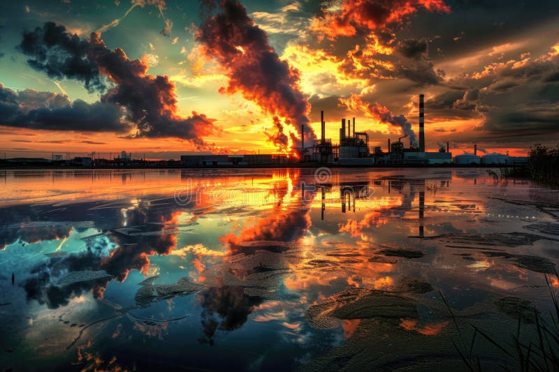 A Factory with Smoke Emitting from the Chimney at Sunset Stock Photo ...