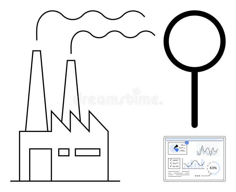 Factory with Smokestacks and Analysis Screen Under Magnifying Glass for ...