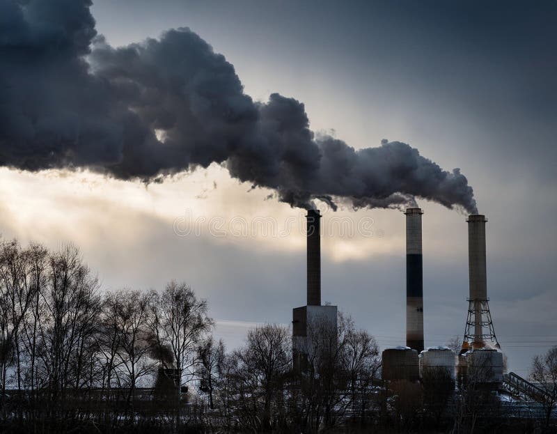 Factory Smokestacks Emitting Thick, Dark Smoke Under a Grey Sky ...