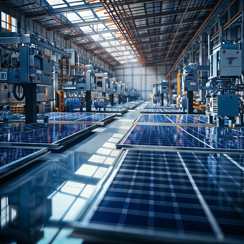 A Factory Interior Displays Solar Panels on the Floor with Machinery ...