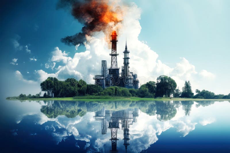 A Factory Spewing Smoke into the Air, the Reflection of the Scene in ...