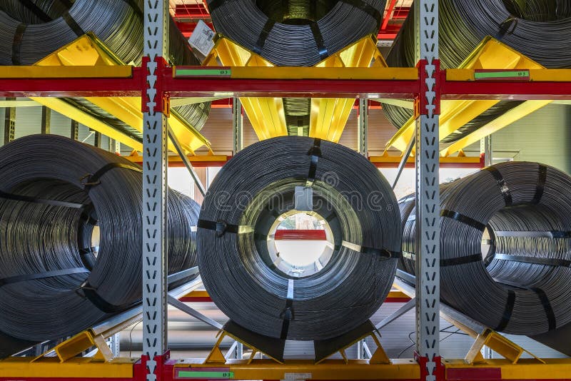 Factory Stock Wire. Wire Spools Lie on Multi-tiered Racks. Stock Image ...