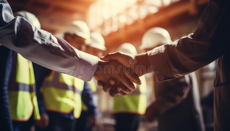 Factory Success. Businessman and Engineer Shake Hands, Signifying ... Factory Success. Businessman and Engineer Shake Hands, Signifying ...