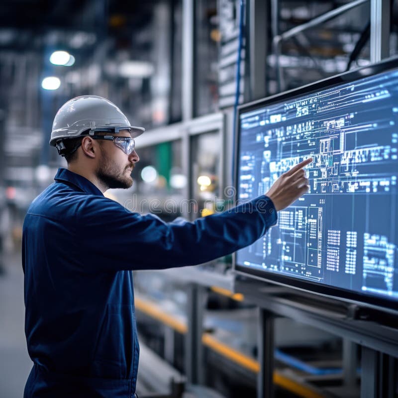 Factory Supervisor Analyzing Production Data on Digital Screen, Wearing ...