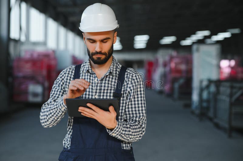 Factory Technician Working Using Digital Tablet at Factory Warehouse ...