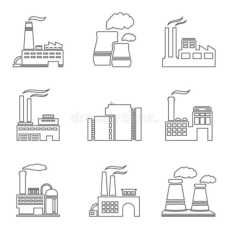 Factory, Industrial Building, Manufacturing Icon Set in Thin Line Style ...