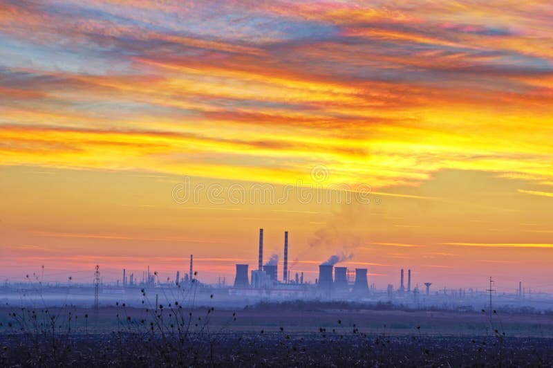 Industrial Sunset with Factory Silhouette Stock Image - Image of ...