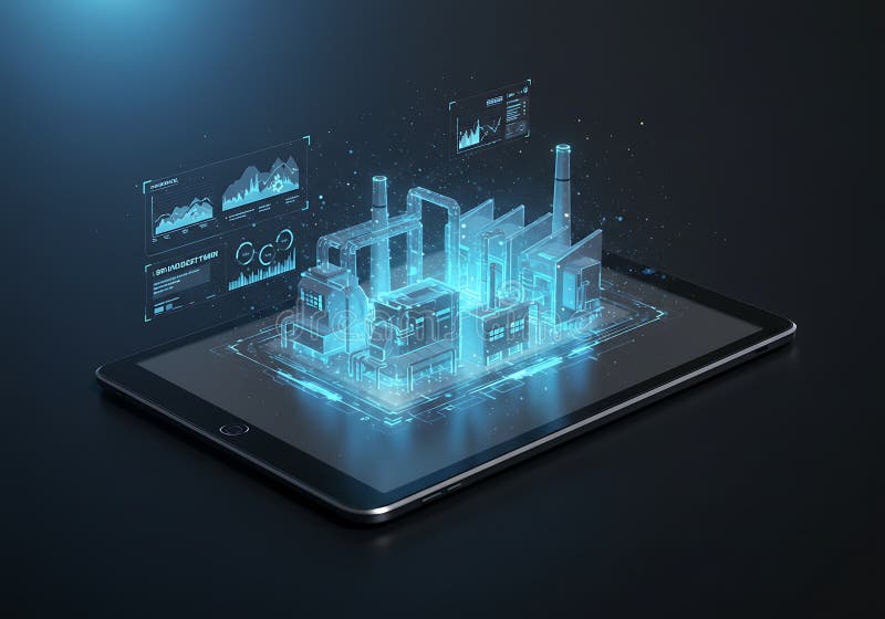 Factory Visualization on Tablet with Glowing Data Stream for Modern ...