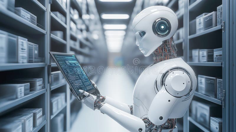 Robot Operates in a High-tech Factory Warehouse, Managing Inventory ...