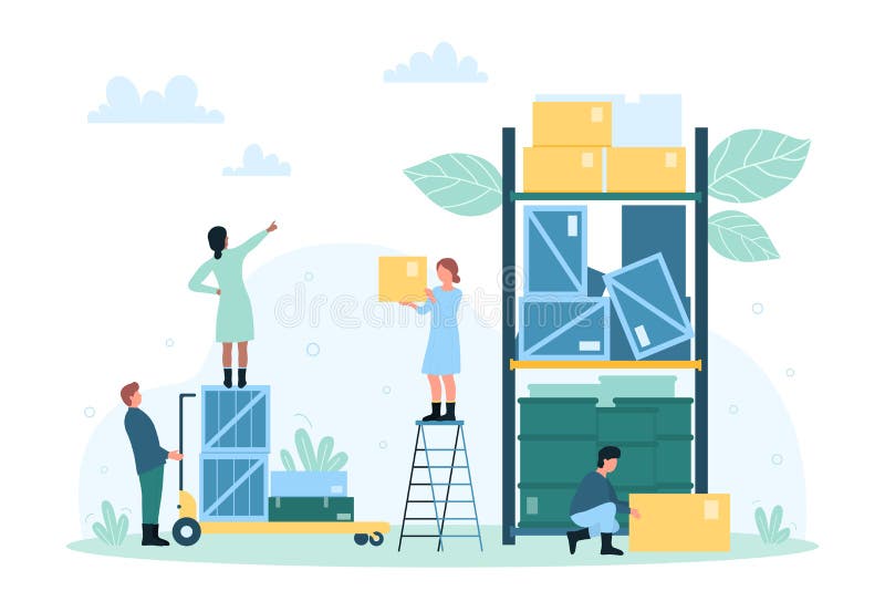 Factory Warehouse and Storage, Tiny People Work with Inventory and ...