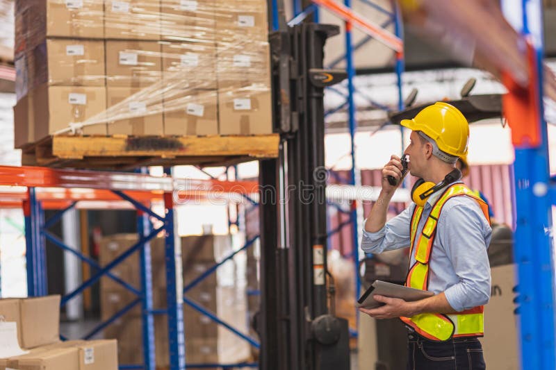 Factory Warehouse Worker Working Operate Loading Cargo in Shipping Area ...