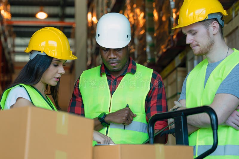 Factory Warehouse Workers Wearing Face Mask at Work in Storage Room ...