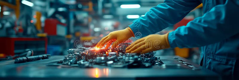 Factory Worker Assembling Metal Parts. Industrial Manufacturing Process ...