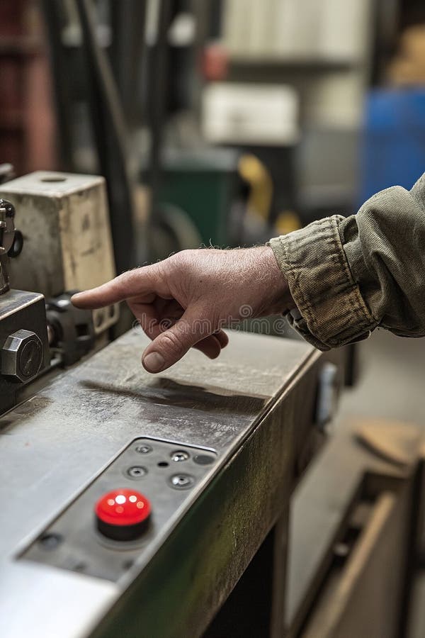 Factory Worker Demonstrating Proper Use of an Emergency Stop Button on ...
