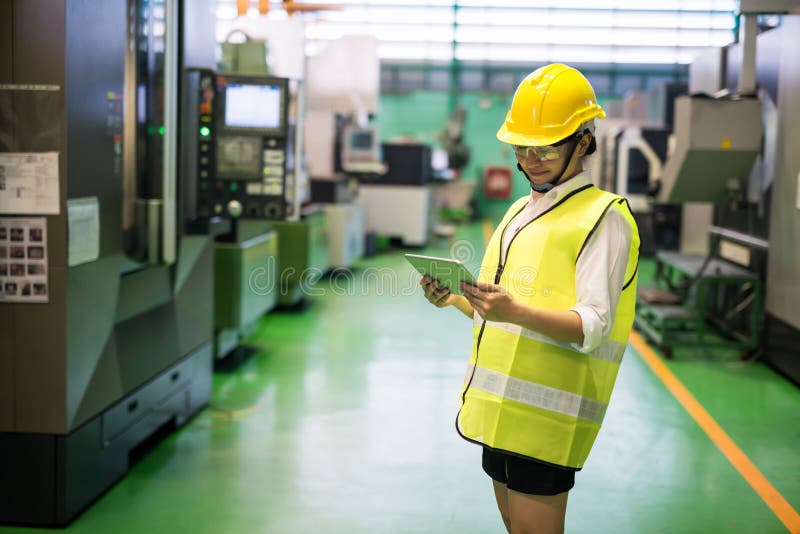 Factory Worker Hold Tablet Check Microchip Machine Stock Image - Image ...