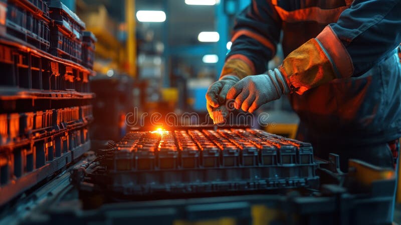 Factory Worker Installing Battery Packs in a Manufacturing Facility ...