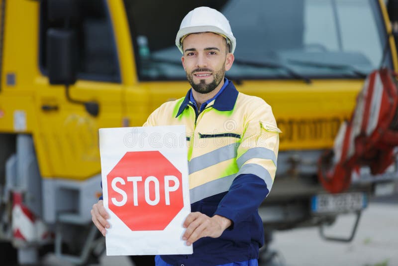 Factory Worker Making Gesture To Stop with Palm Hand Stock Image ...