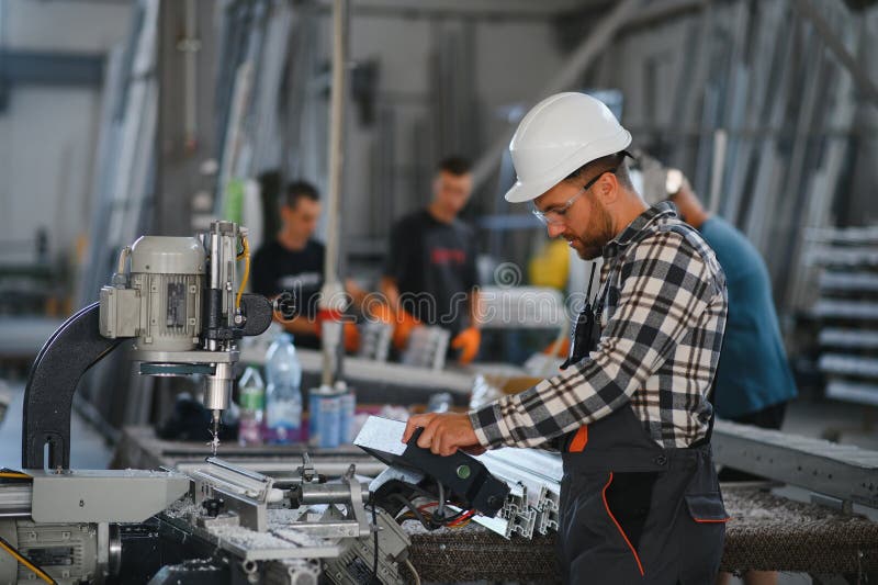 Factory Worker. Man with Helmet Working with Pvc Stock Image - Image of ...