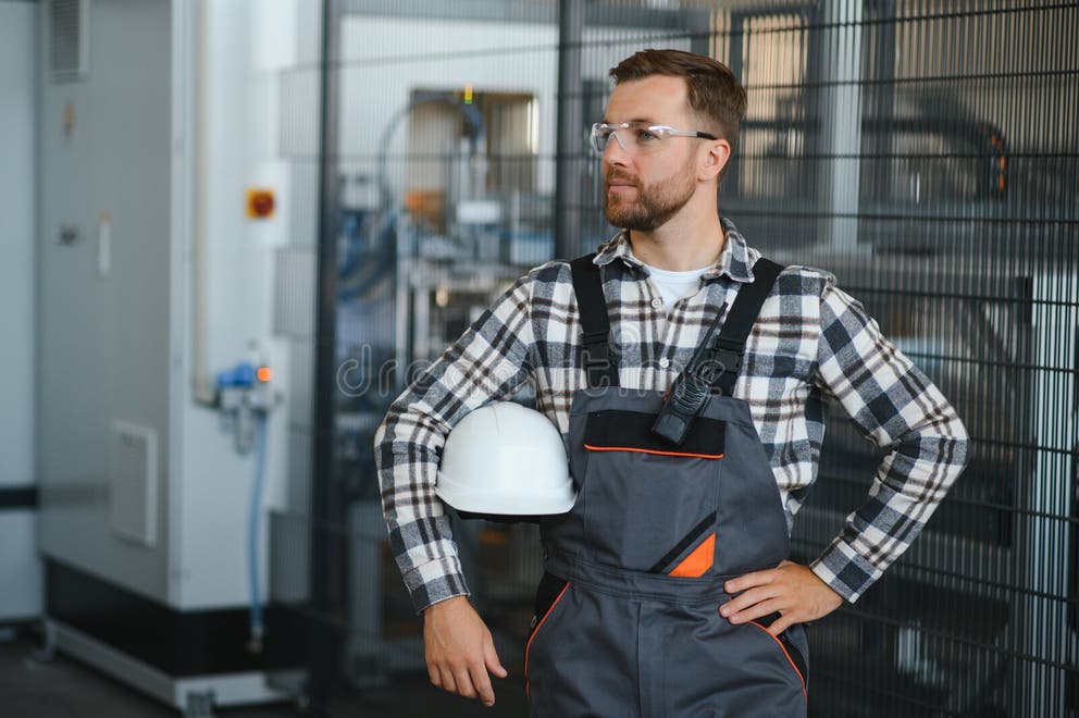 Factory Worker. Man with Helmet Working with Pvc Stock Photo - Image of ...