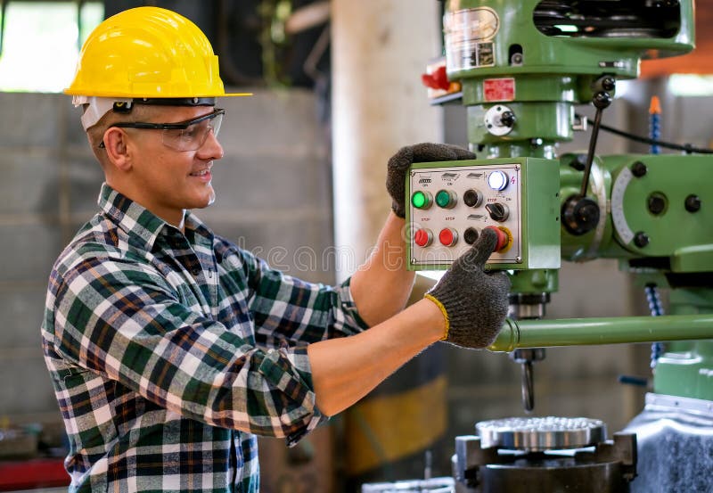 Factory Worker Man Stand and Press Button of the Machine To Work in ...