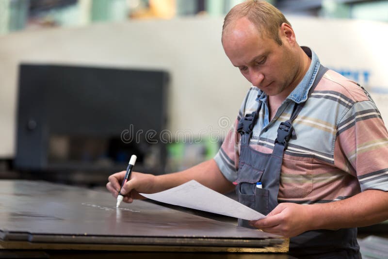 Factory Worker Marking Workpiece Stock Photo - Image of manufacture ...
