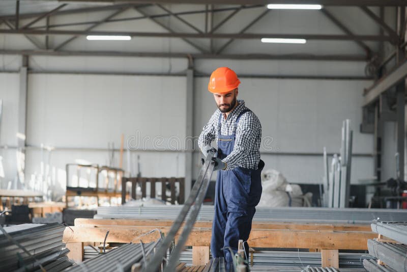 Factory Worker Measures the Metal Profile Stock Image - Image of hands ...