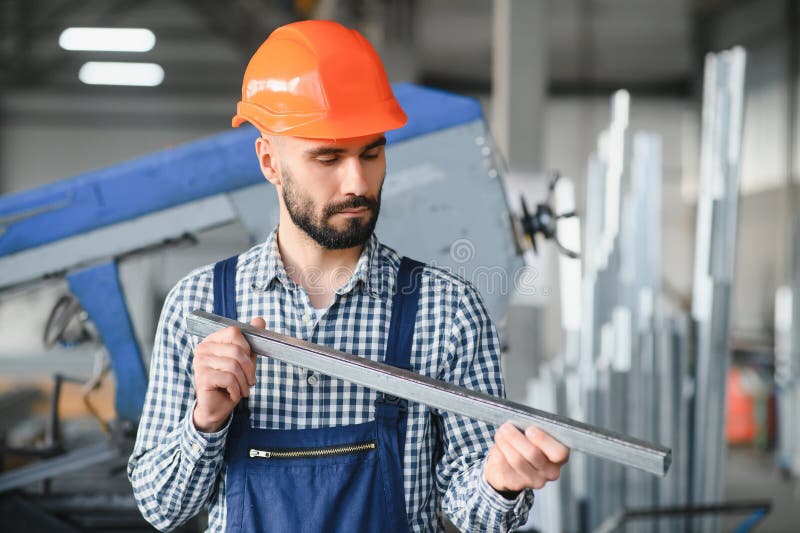 Factory Worker Measures the Metal Profile Stock Image - Image of ...