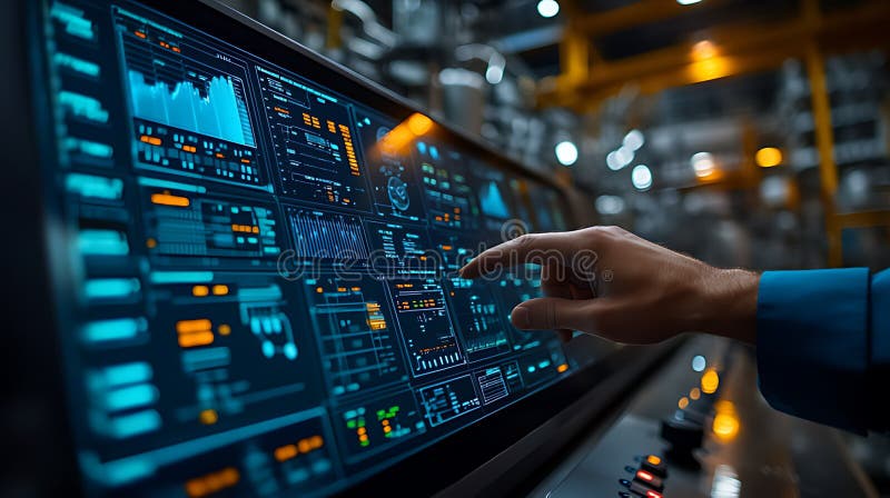 Factory Worker Monitoring Industrial Process Data on Touchscreen Stock ...