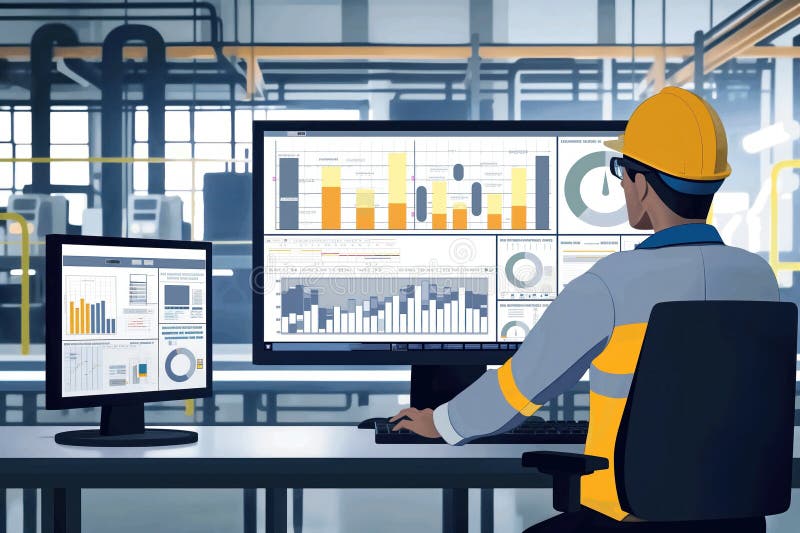 Factory Worker Monitors Production Metrics, Data on Computer Screen ...