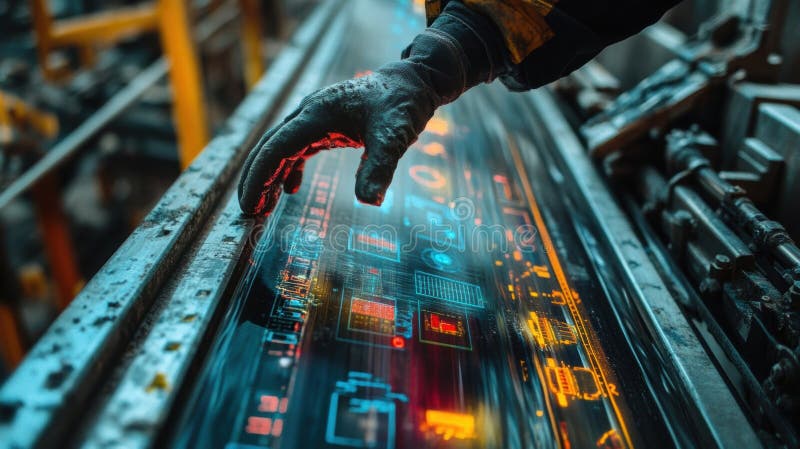 Factory Worker Operating Futuristic Digital Interface in Industrial ...