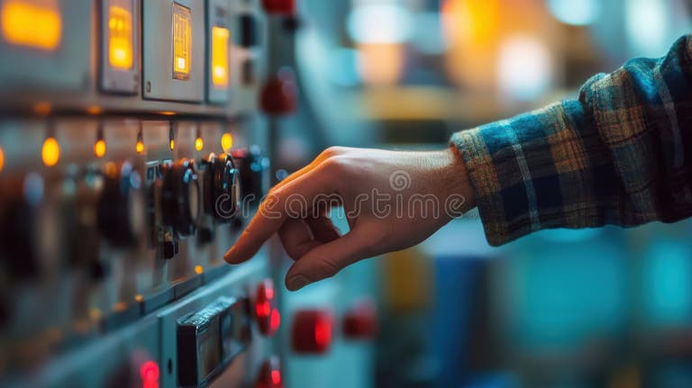 Factory Worker Operating Machinery Control Panel Pushing Button Stock ...