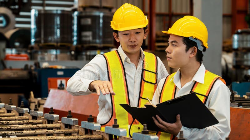 Factory Worker Operating Metal Stamping Machine with Engineer ...