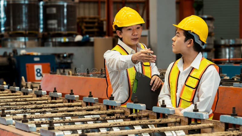 Factory Worker Operating Metal Stamping Machine with Engineer ...