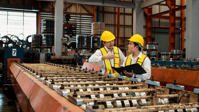 Factory Worker Operating Metal Stamping Machine with Engineer ...