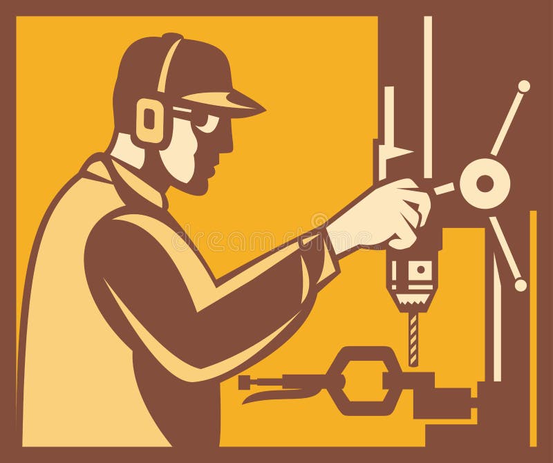 Factory Worker Operator with Drill Press Retro Stock Vector ...
