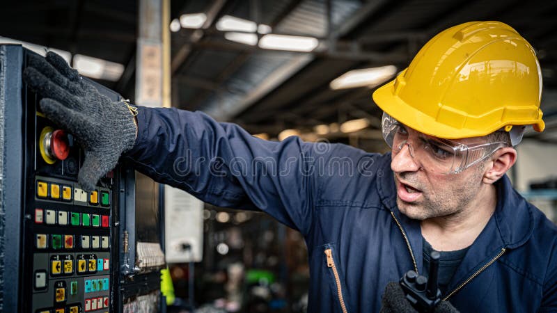 Factory Worker Quickly Pushing Red Button. Stock Image - Image of ...