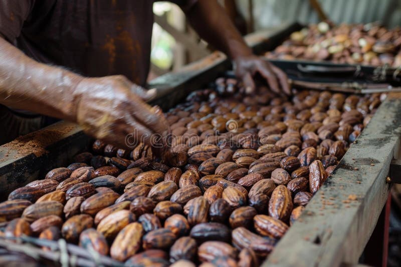 Factory Worker Sorting Roasted Cocoa Beans on a Plantation Stock ...